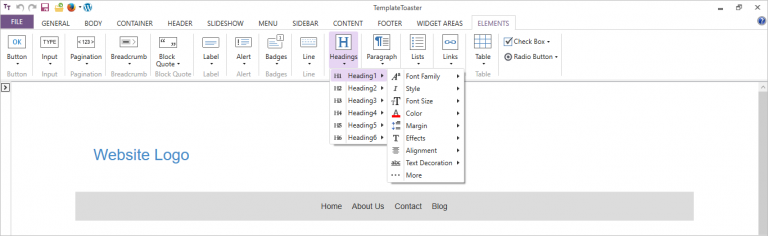 Elements Tab - TemplateToaster Web Design Software