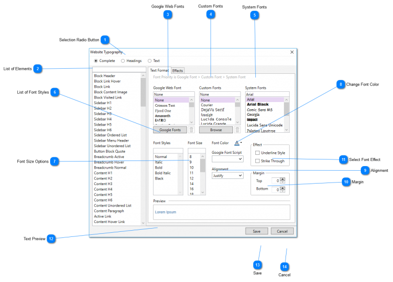 Website Typography Dialog box - TemplateToaster Web Design Software